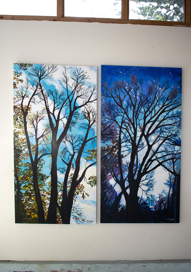 Brisk Day, Vivid Evening | Large-Scale Blue Trees Paintings - Art by ...